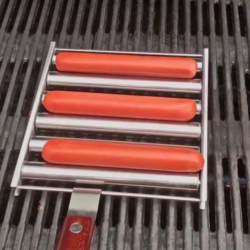 BBQ Hot Dog Roller Stainless Steel Sausage Griller with Wooden Handle ...
